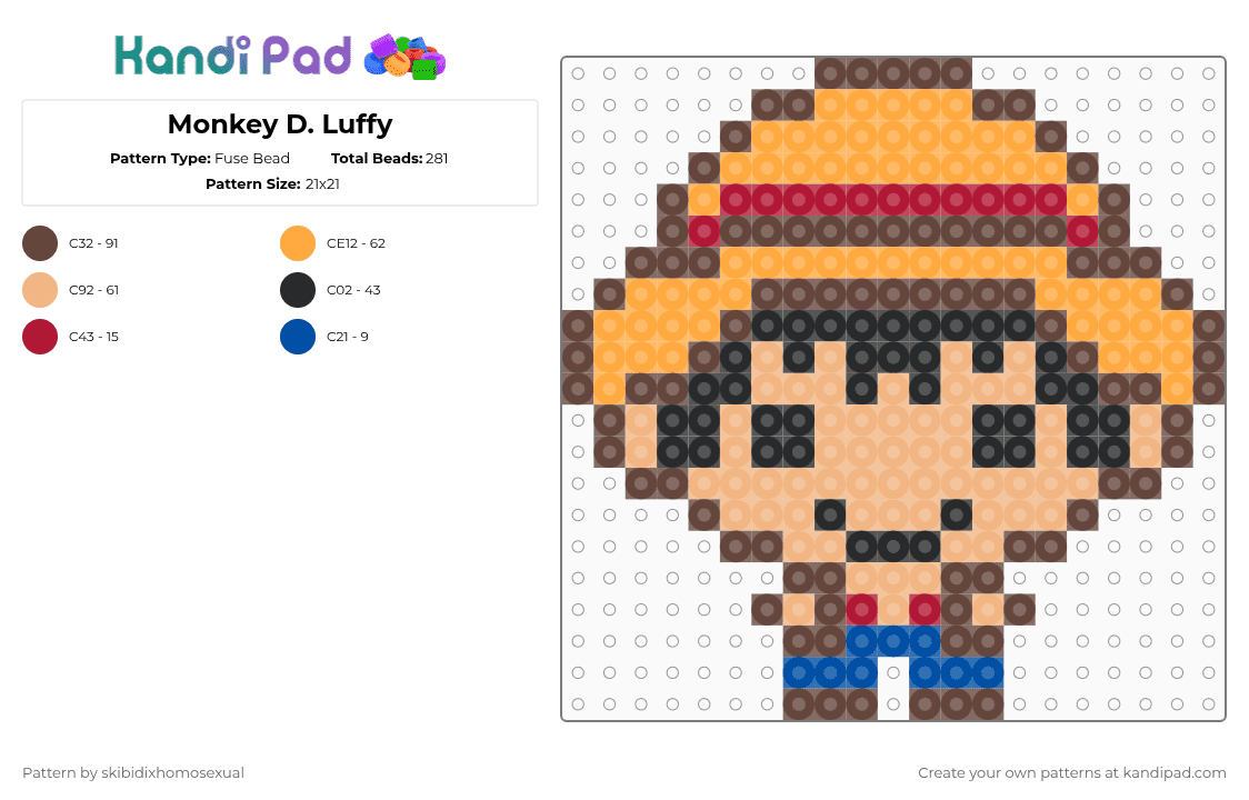 Monkey D. Luffy Fuse Bead Pattern - Kandi Pad | Kandi Patterns, Fuse ...