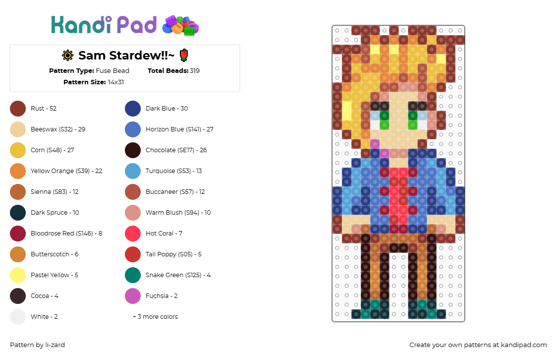 🔅 Sam Stardew!!~ 🌹 Fuse Bead Pattern - Kandi Pad | Kandi Patterns, Fuse ...