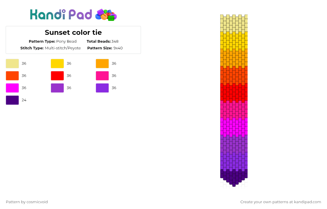 Sunset color tie Pony Bead Pattern - Kandi Pad | Kandi Patterns, Fuse ...