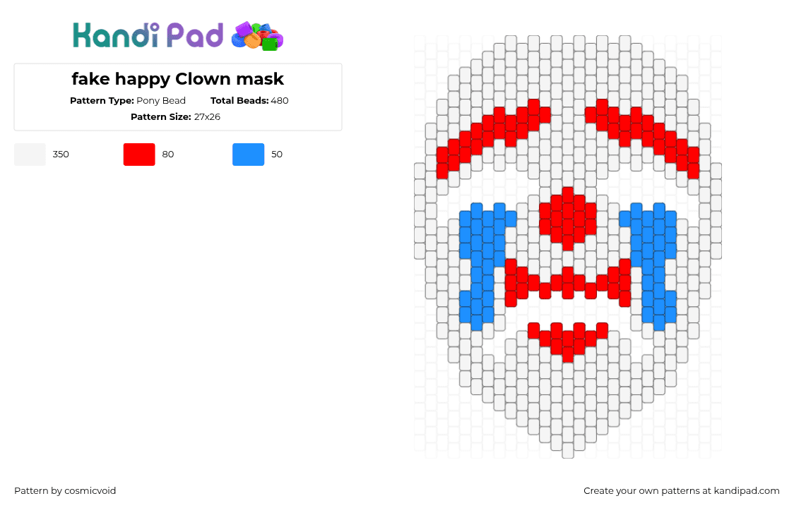 Fake happy Clown mask Pony Bead Pattern - Kandi Pad | Kandi Patterns ...