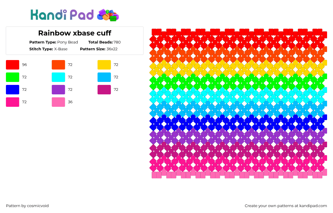 Rainbow xbase cuff Pony Bead Pattern - Kandi Pad | Kandi Patterns, Fuse ...