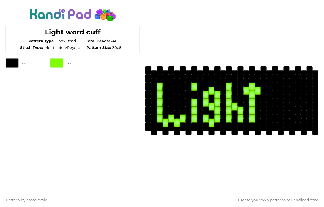 Light word cuff Pony Bead Pattern - Kandi Pad | Kandi Patterns, Fuse ...