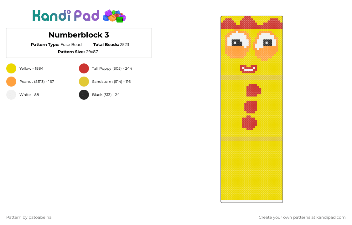 Numberblock 3 Fuse Bead Pattern - Kandi Pad | Kandi Patterns, Fuse Bead ...