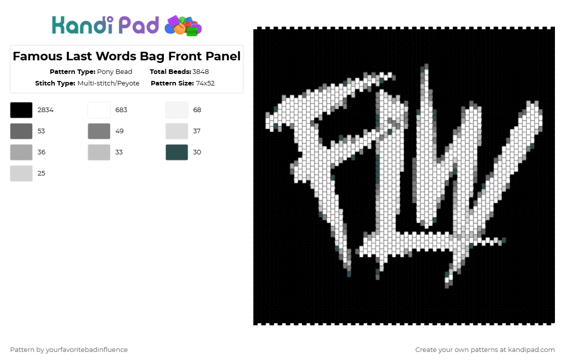 Famous Last Words Bag Front Panel Pony Bead Pattern - Kandi Pad | Kandi ...