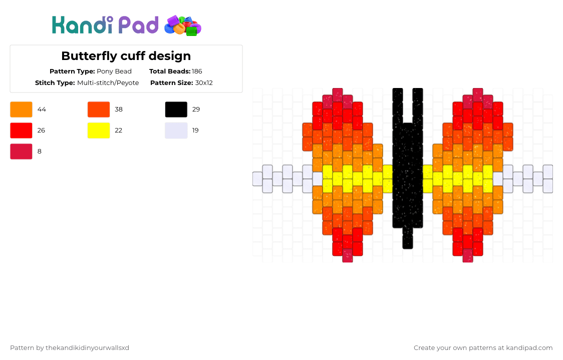 Butterfly cuff design Pony Bead Pattern - Kandi Pad | Kandi Patterns ...