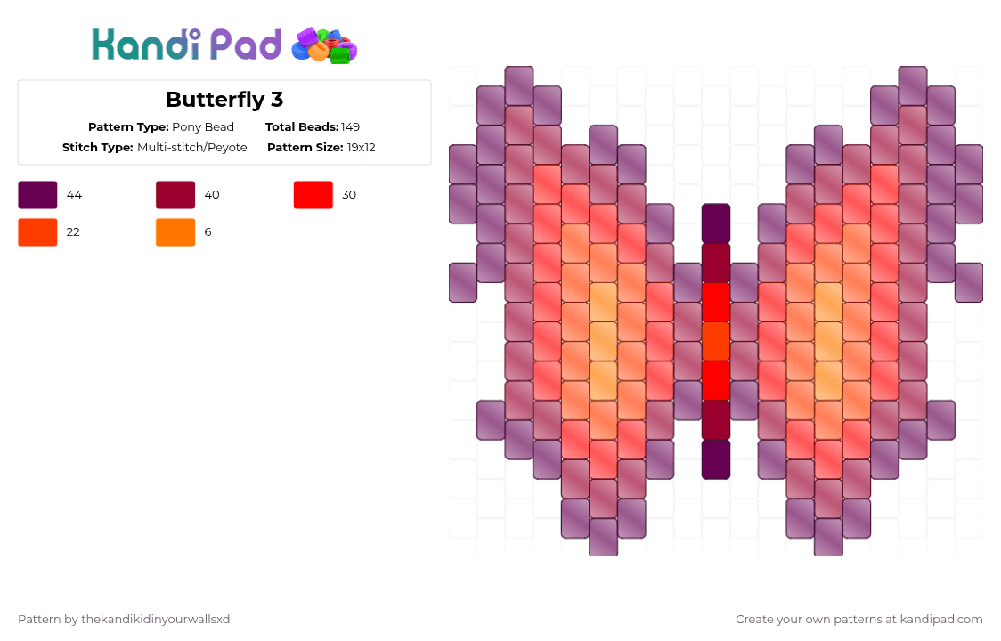 Butterfly 3 Pony Bead Pattern - Kandi Pad | Kandi Patterns, Fuse Bead ...