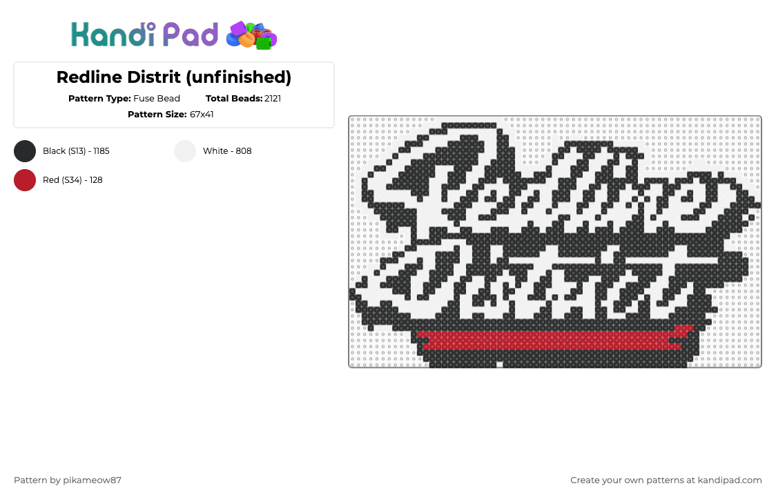 Redline Distrit (unfinished) Fuse Bead Pattern - Kandi Pad | Kandi ...