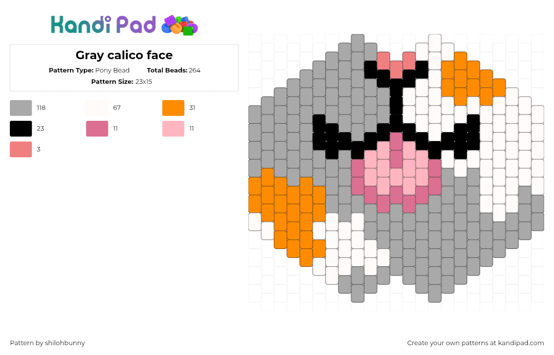 Gray calico face Pony Bead Pattern - Kandi Pad | Kandi Patterns, Fuse ...