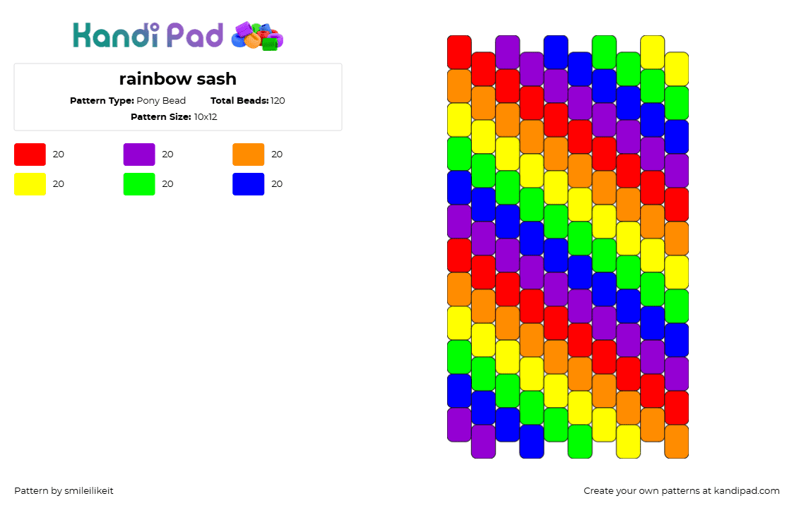 Rainbow sash Pony Bead Pattern - Kandi Pad | Kandi Patterns, Fuse Bead ...