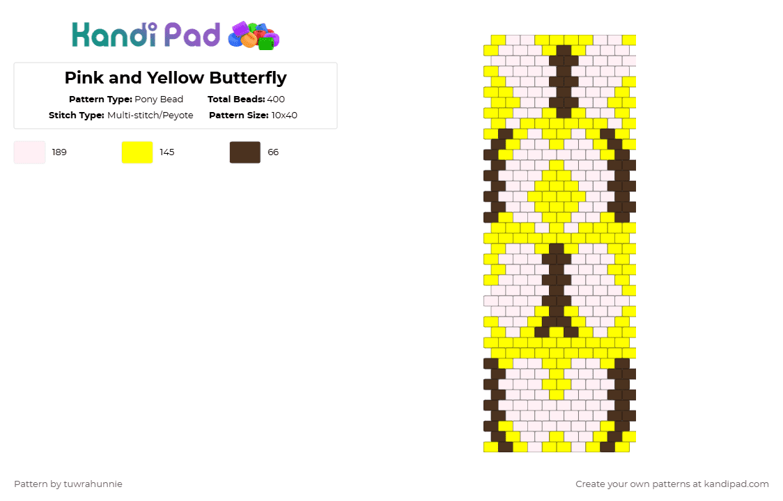 Pink and Yellow Butterfly Pony Bead Pattern - Kandi Pad | Kandi ...