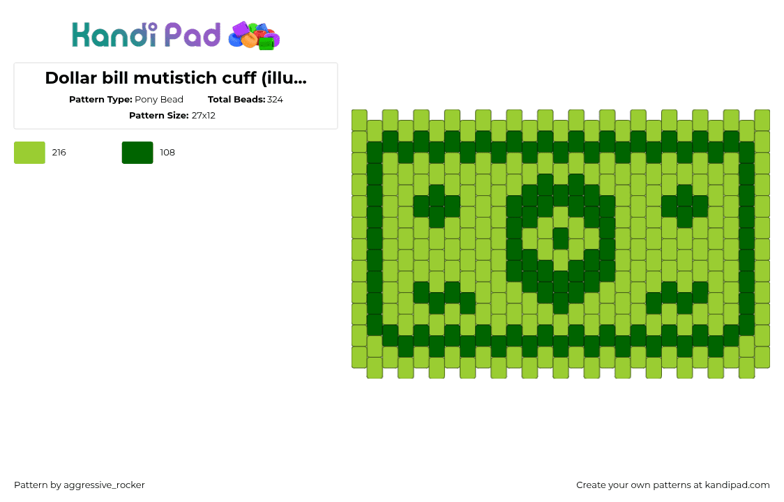 Dollar bill mutistich cuff (illuminati?) Pony Bead Pattern - Kandi Pad ...