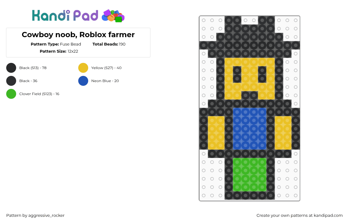 Cowboy noob, Roblox farmer Fuse Bead Pattern - Kandi Pad | Kandi ...