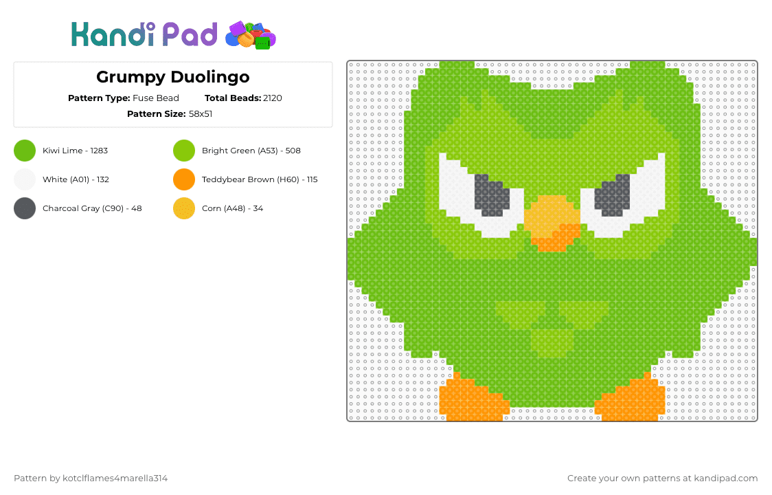 Grumpy Duolingo Fuse Bead Pattern - Kandi Pad | Kandi Patterns, Fuse ...