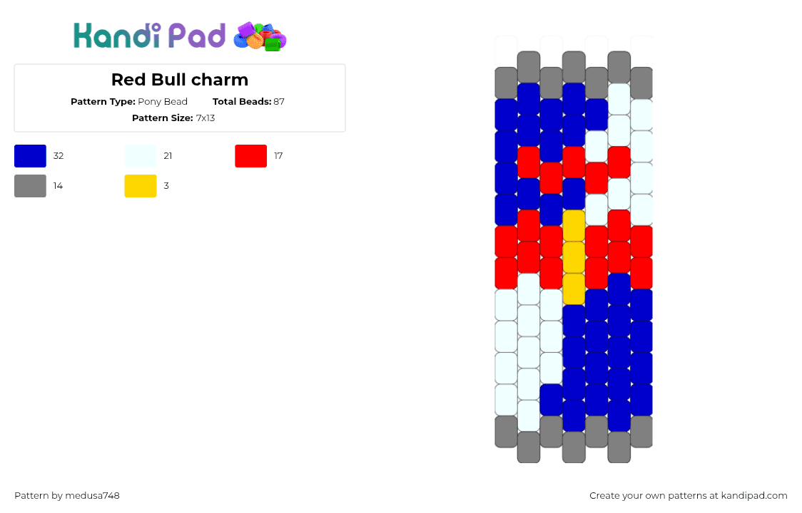 Red Bull charm Pony Bead Pattern - Kandi Pad | Kandi Patterns, Fuse ...