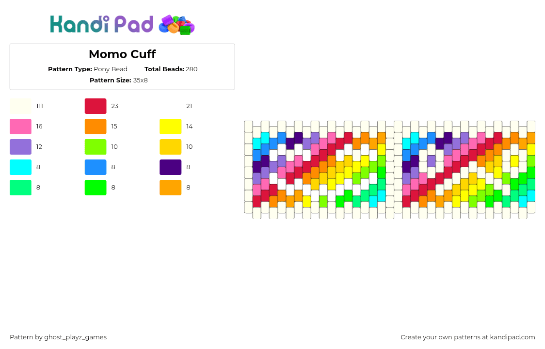 Momo Cuff Pony Bead Pattern - Kandi Pad | Kandi Patterns, Fuse Bead ...