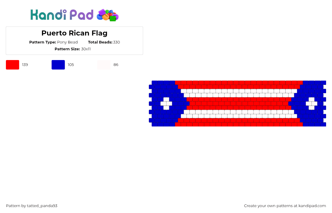 Puerto Rican Flag Pony Bead Pattern - Kandi Pad | Kandi Patterns, Fuse ...
