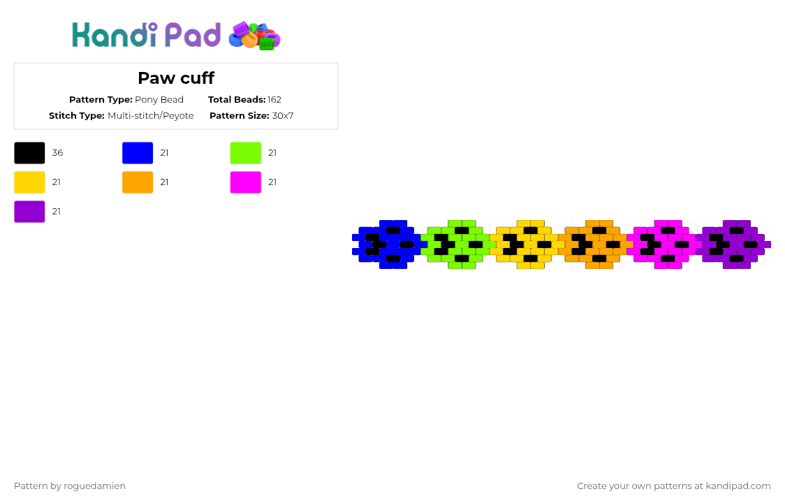 Paw cuff Pony Bead Pattern - Kandi Pad | Kandi Patterns, Fuse Bead ...