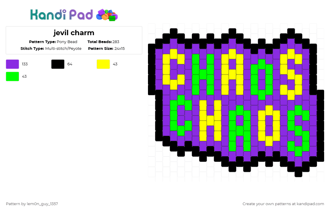 Jevil charm Pony Bead Pattern - Kandi Pad | Kandi Patterns, Fuse Bead ...
