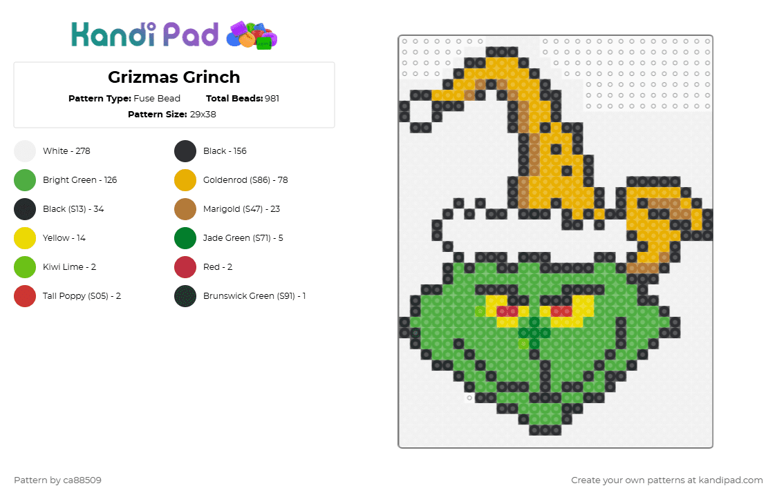 Grizmas Grinch Fuse Bead Pattern - Kandi Pad | Kandi Patterns, Fuse ...