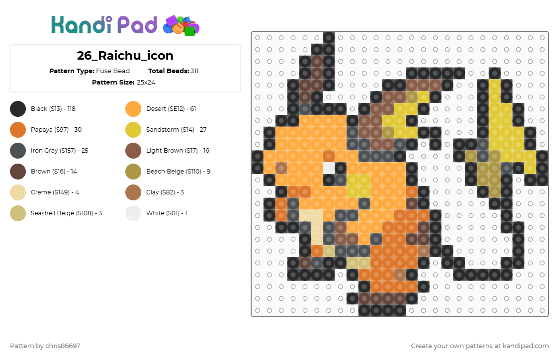 26_Raichu_icon Fuse Bead Pattern - Kandi Pad | Kandi Patterns, Fuse ...