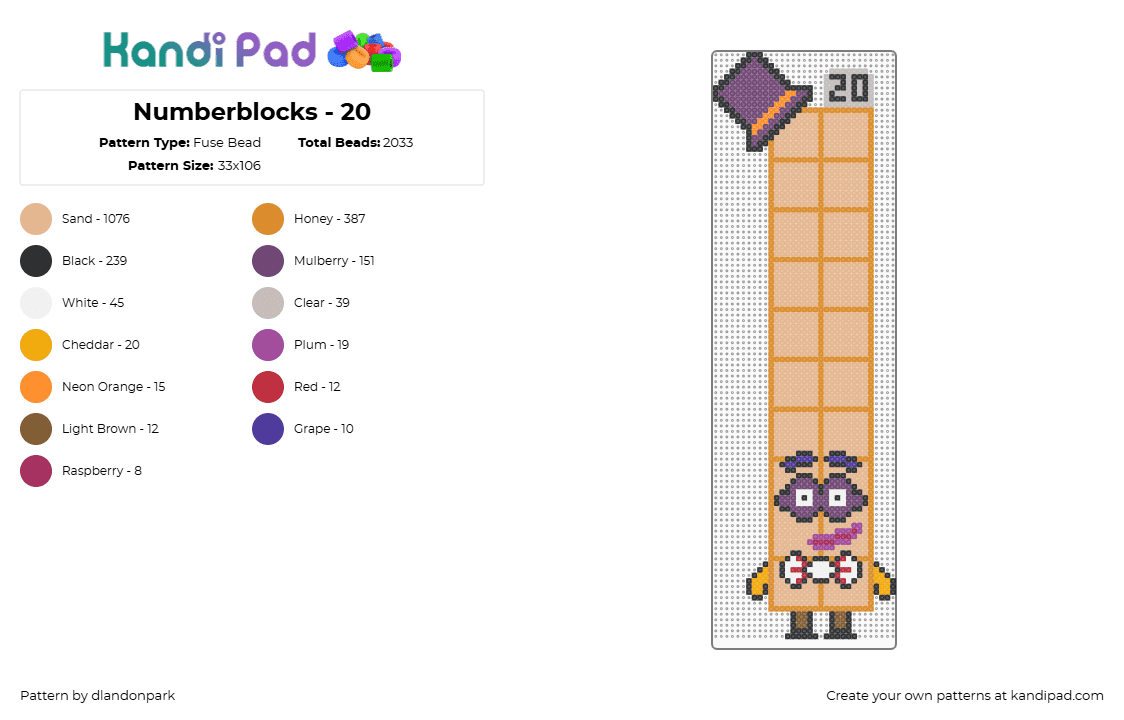 Numberblocks 20 Fuse Bead Pattern Kandi Pad Kandi Patterns Fuse