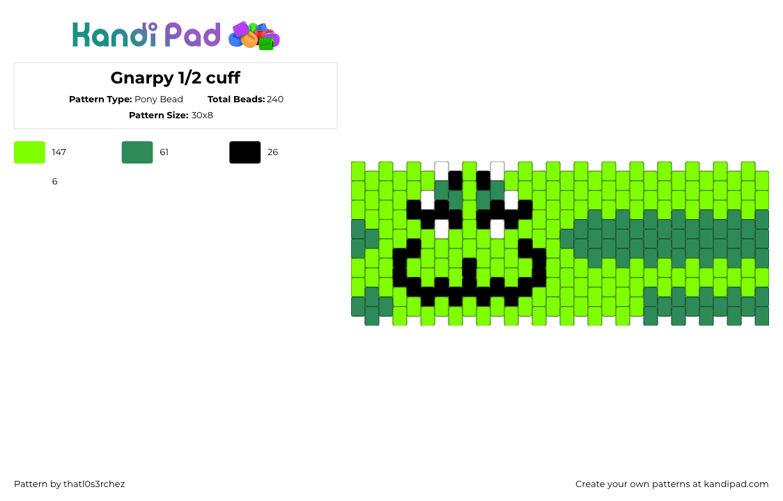 Gnarpy 1/2 cuff Pony Bead Pattern - Kandi Pad | Kandi Patterns, Fuse ...