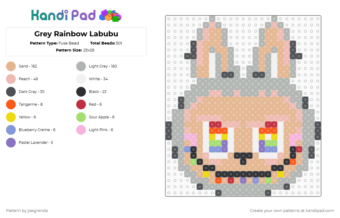 Grey Rainbow Labubu Fuse Bead Pattern - Kandi Pad | Kandi Patterns ...
