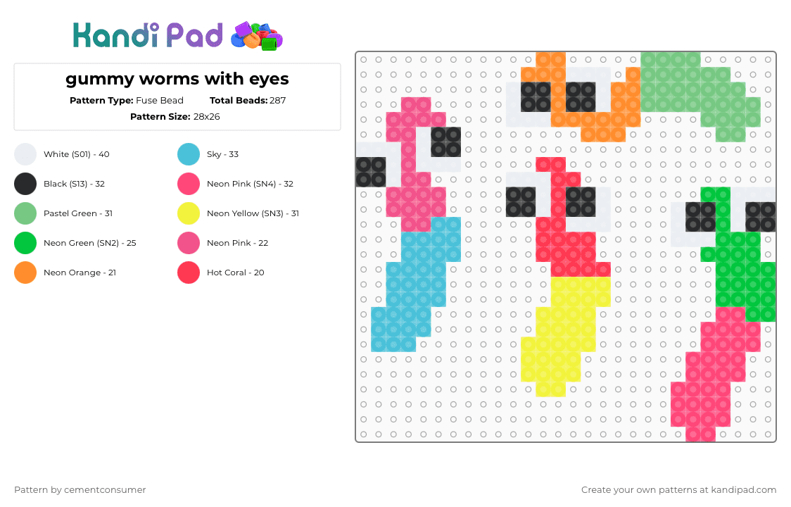 Gummy worms with eyes Fuse Bead Pattern - Kandi Pad | Kandi Patterns ...