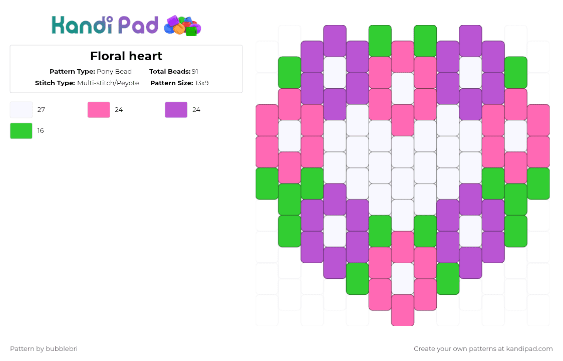 Floral heart Pony Bead Pattern - Kandi Pad | Kandi Patterns, Fuse Bead ...