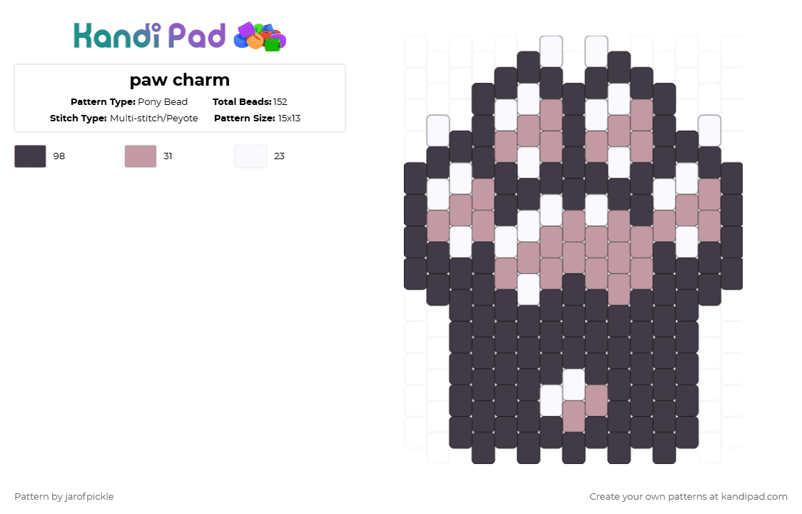 Paw charm Pony Bead Pattern - Kandi Pad | Kandi Patterns, Fuse Bead ...