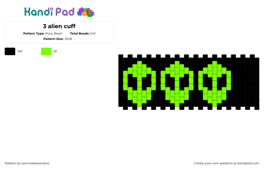 3 alien cuff Pony Bead Pattern - Kandi Pad | Kandi Patterns, Fuse Bead ...