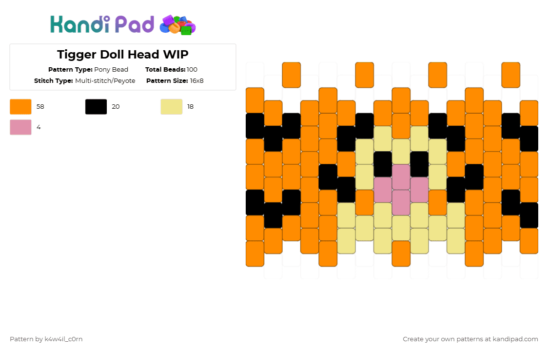 Tigger Doll Head WIP Pony Bead Pattern - Kandi Pad | Kandi Patterns ...