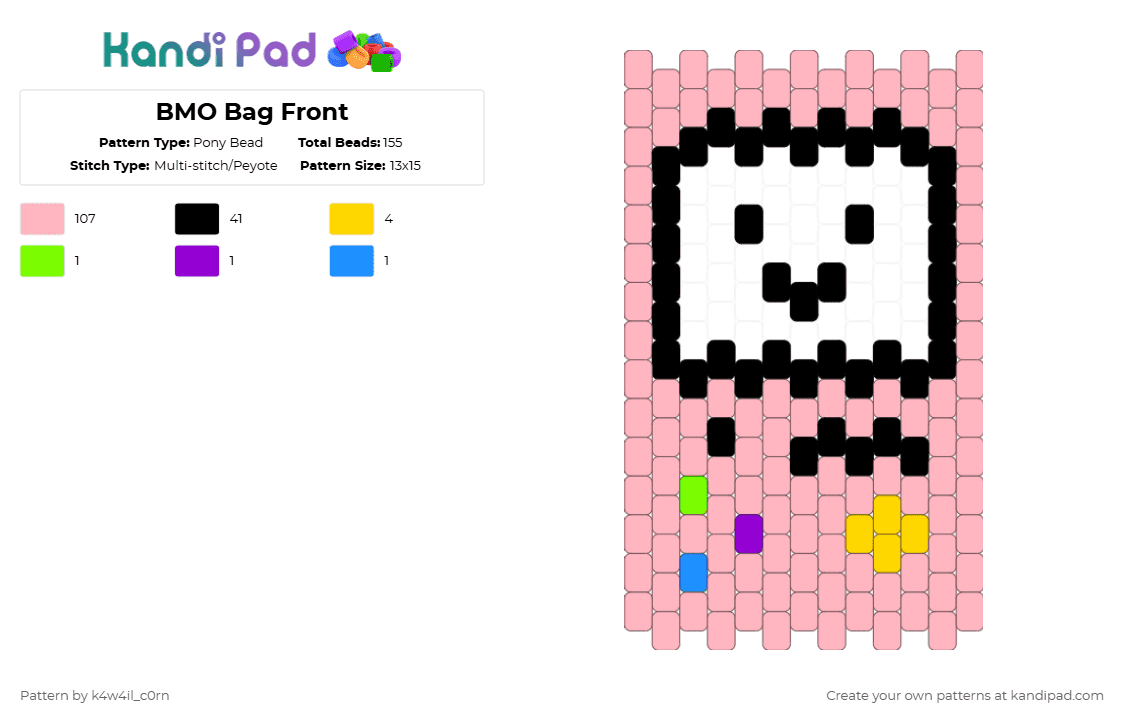 BMO Bag Front Pony Bead Pattern - Kandi Pad | Kandi Patterns, Fuse Bead ...