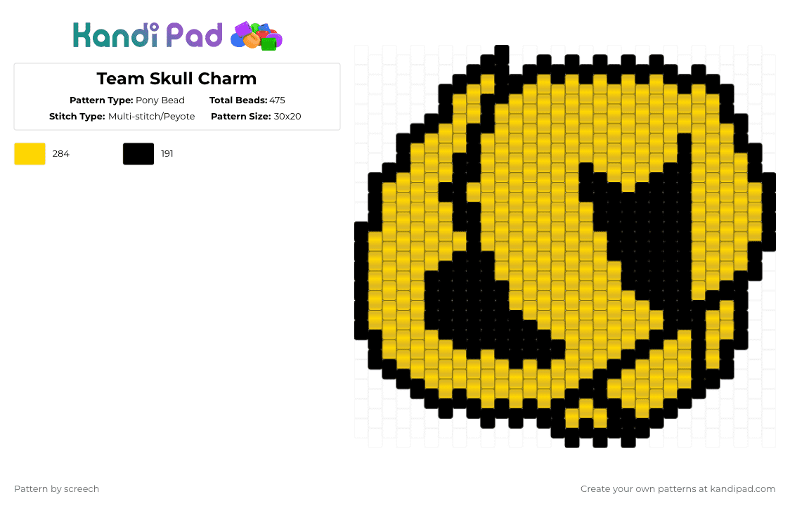 Team Skull Charm Pony Bead Pattern - Kandi Pad | Kandi Patterns, Fuse ...
