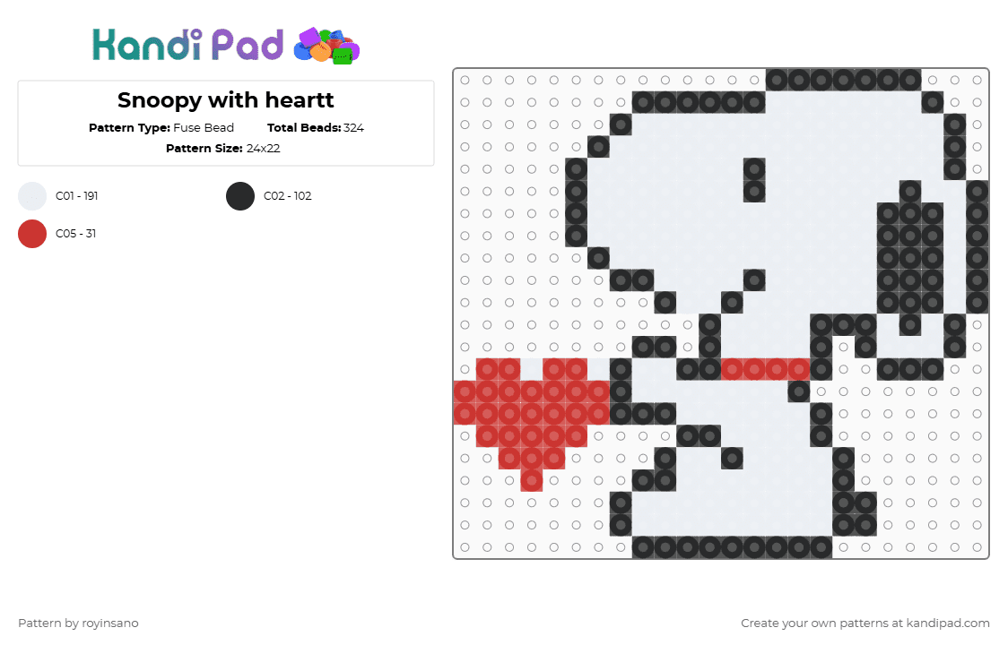 Snoopy with heartt Fuse Bead Pattern - Kandi Pad | Kandi Patterns, Fuse ...