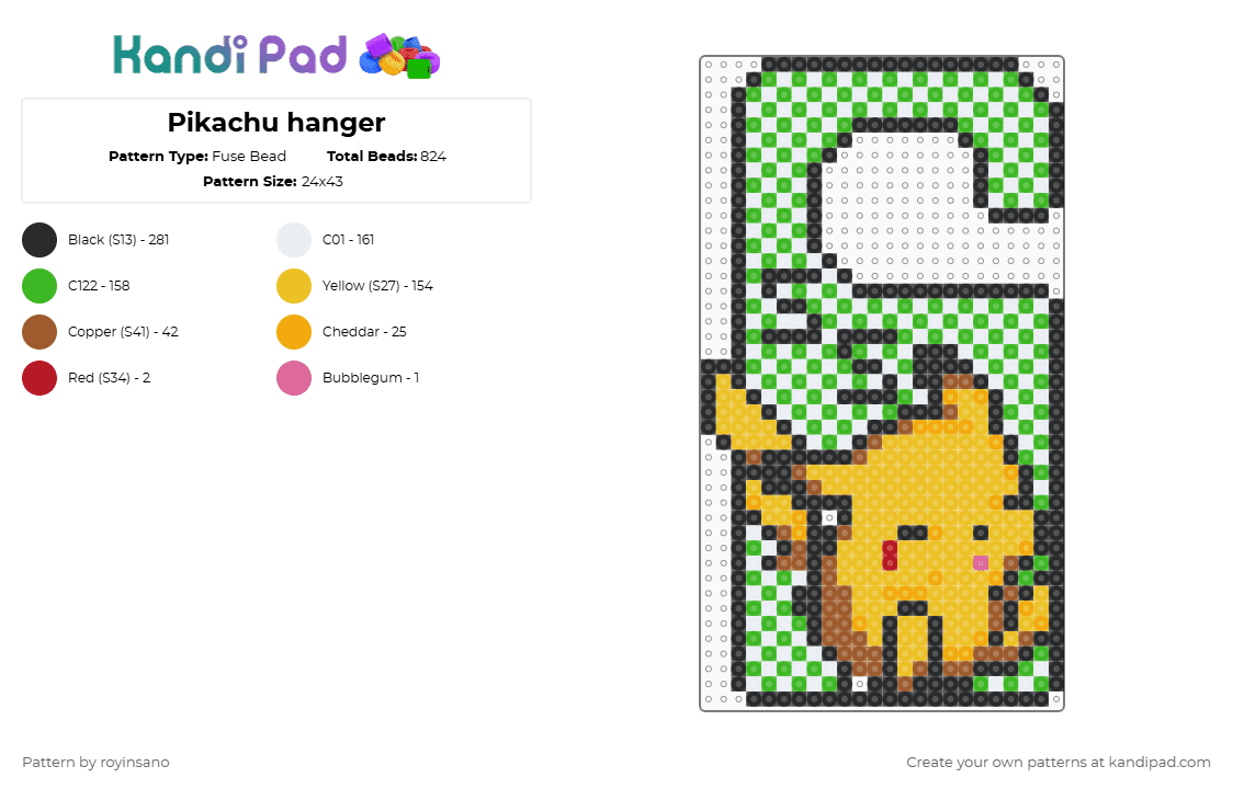 Pikachu hanger Fuse Bead Pattern - Kandi Pad | Kandi Patterns, Fuse ...