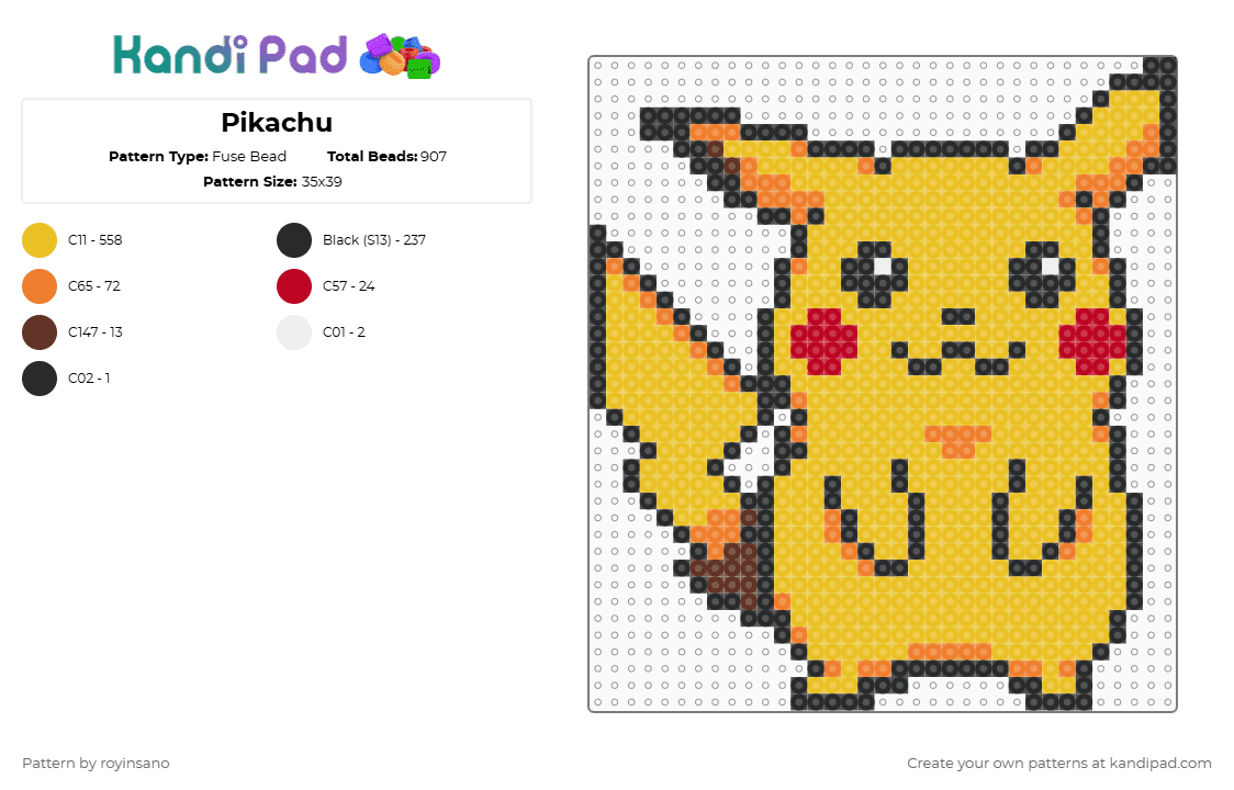 Pikachu Fuse Bead Pattern - Kandi Pad | Kandi Patterns, Fuse Bead ...