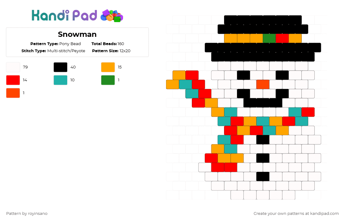 Snowman Pony Bead Pattern - Kandi Pad | Kandi Patterns, Fuse Bead ...