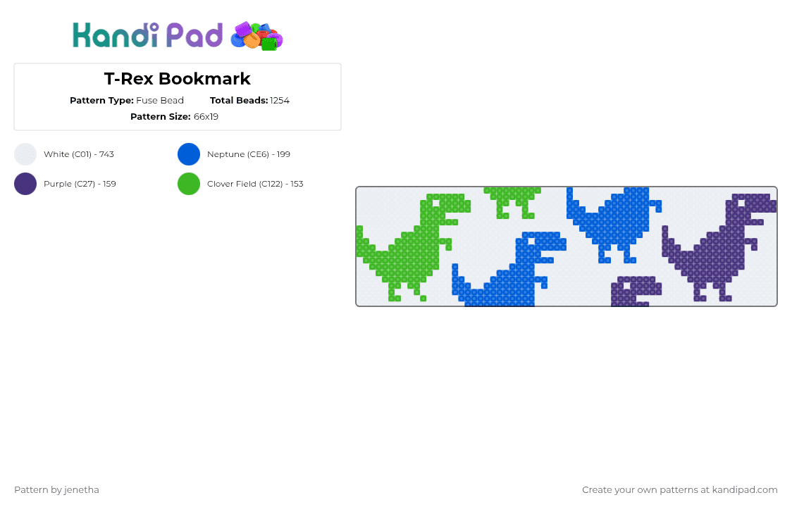T-Rex Bookmark Fuse Bead Pattern - Kandi Pad | Kandi Patterns, Fuse ...