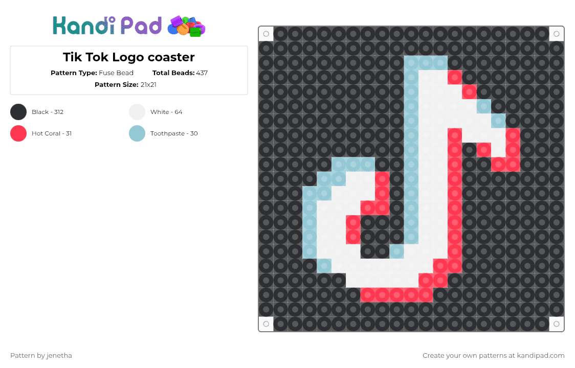 Tik Tok Logo coaster Fuse Bead Pattern - Kandi Pad | Kandi Patterns ...