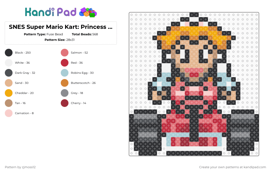 SNES Super Mario Kart: Princess Peach Fuse Bead Pattern - Kandi Pad ...