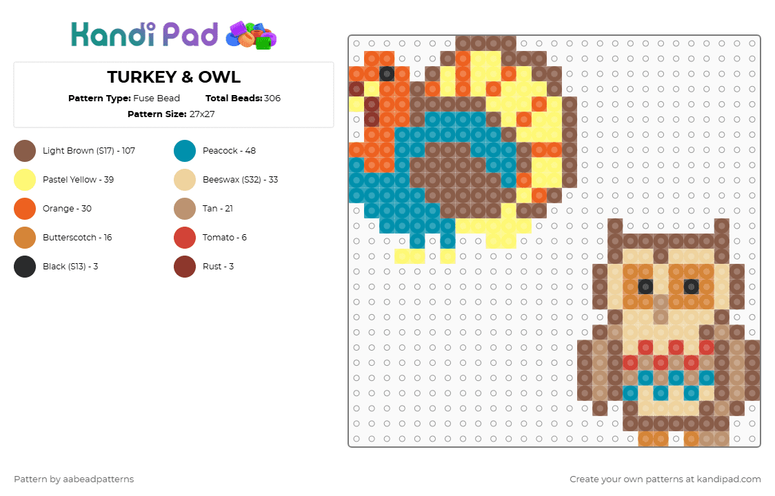 TURKEY & OWL Fuse Bead Pattern - Kandi Pad | Kandi Patterns, Fuse Bead ...