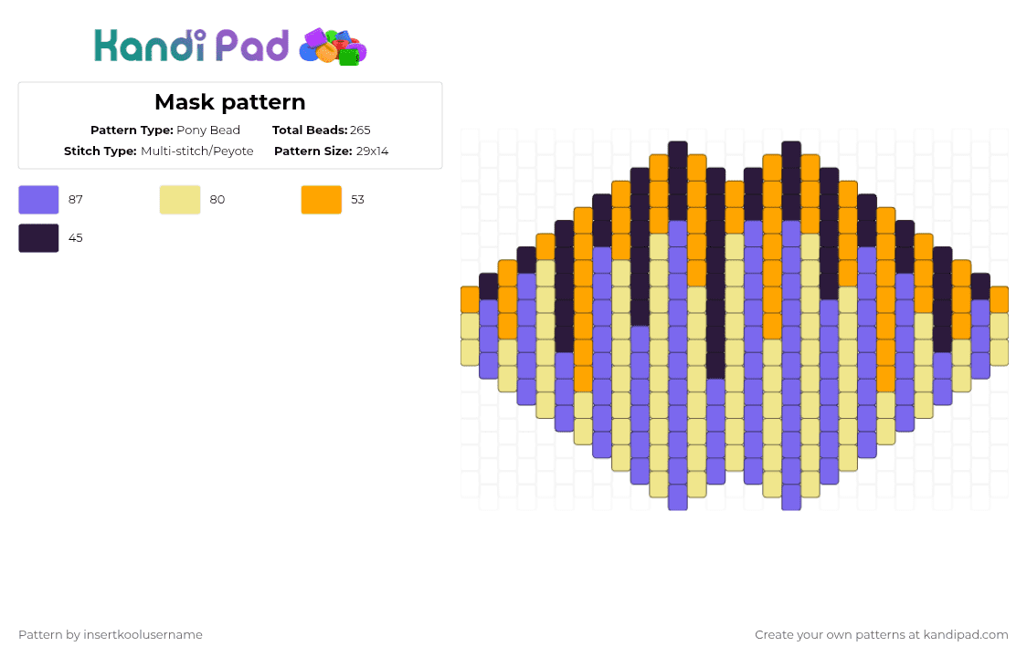 Mask pattern Pony Bead Pattern - Kandi Pad | Kandi Patterns, Fuse Bead ...