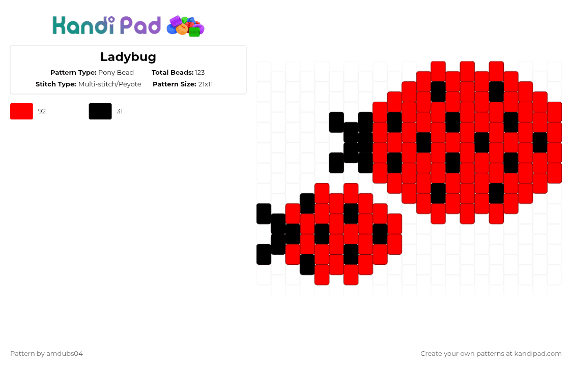 Ladybug Pony Bead Pattern - Kandi Pad | Kandi Patterns, Fuse Bead ...