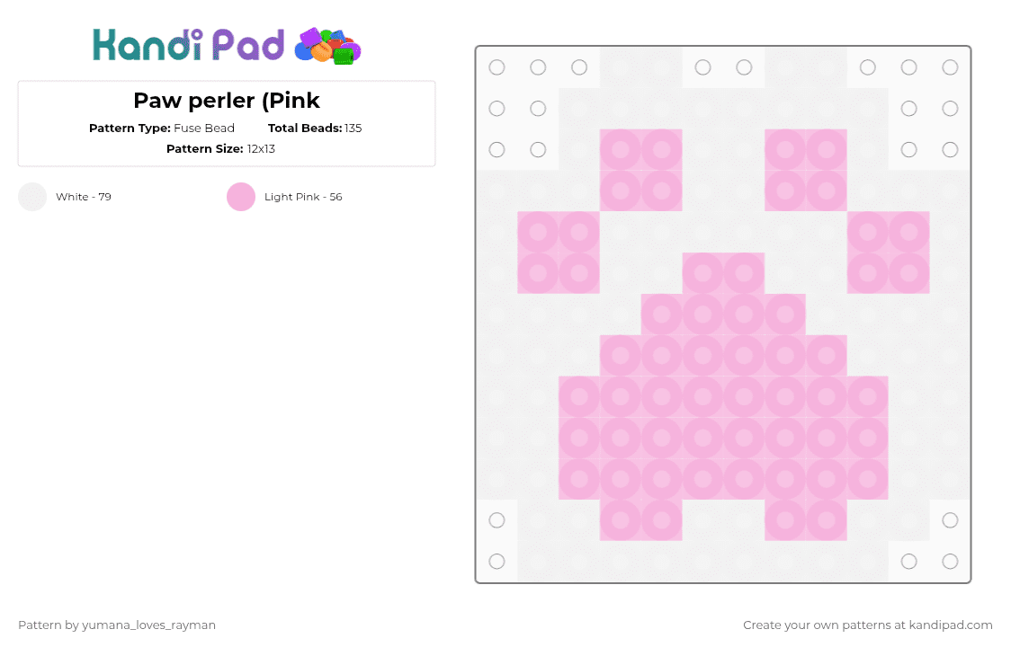 Paw perler (Pink Fuse Bead Pattern - Kandi Pad | Kandi Patterns, Fuse ...
