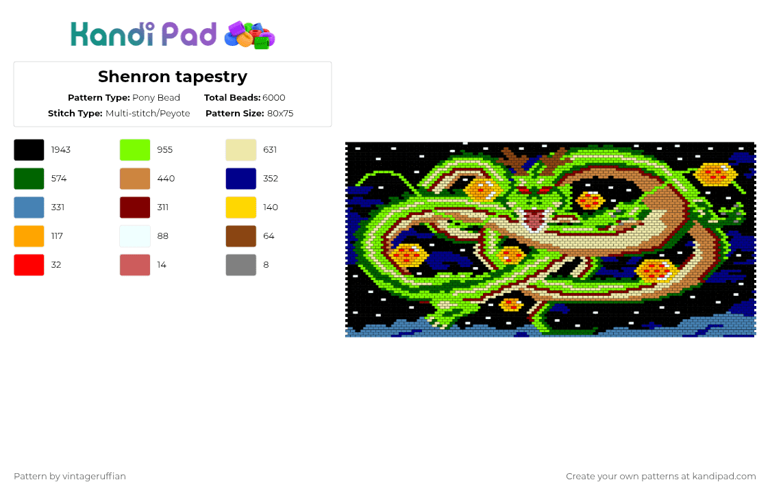 Shenron tapestry Pony Bead Pattern - Kandi Pad | Kandi Patterns, Fuse ...