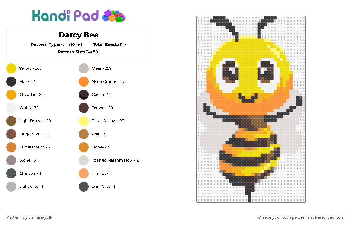 Darcy Bee Fuse Bead Pattern - Kandi Pad | Kandi Patterns, Fuse Bead ...