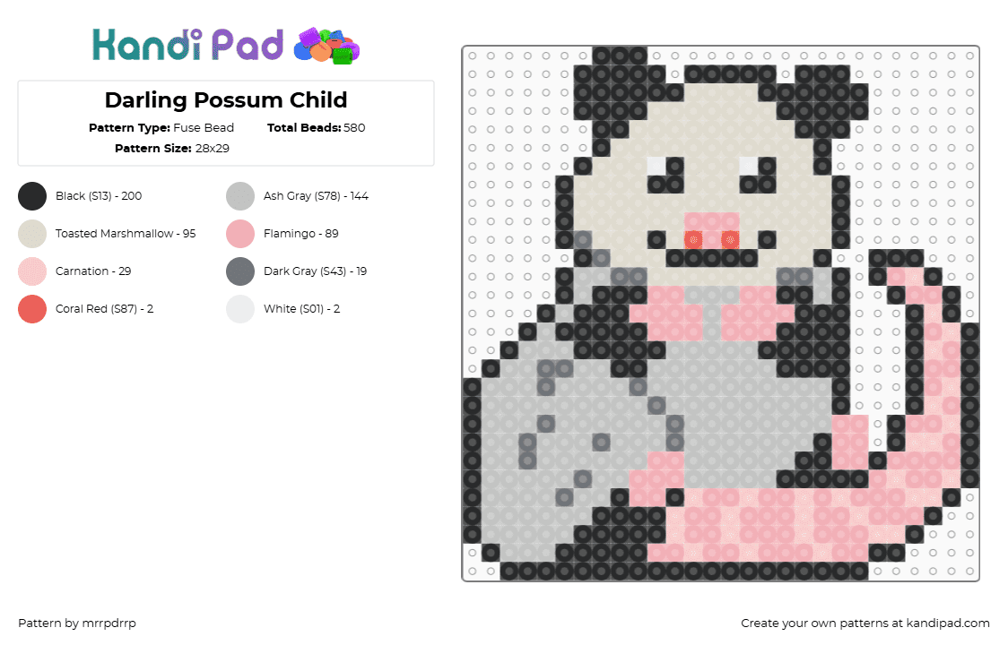 Darling Possum Child Fuse Bead Pattern - Kandi Pad | Kandi Patterns ...