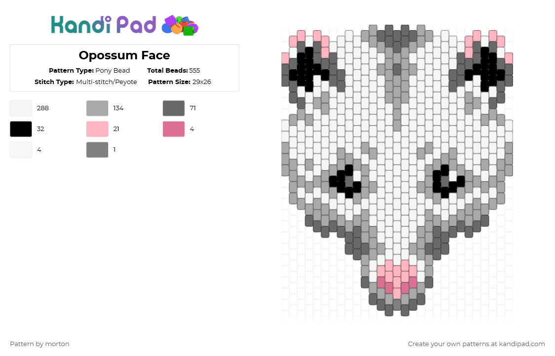 Opossum Face Pony Bead Pattern - Kandi Pad | Kandi Patterns, Fuse Bead ...