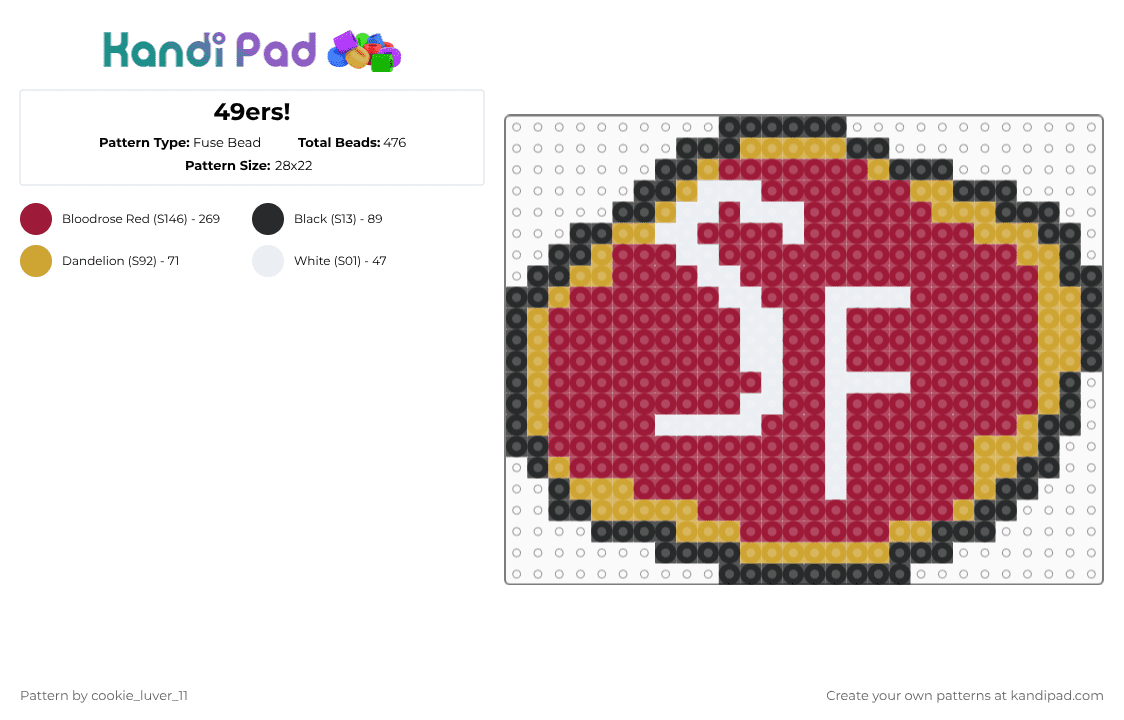 49ers! Fuse Bead Pattern - Kandi Pad | Kandi Patterns, Fuse Bead ...